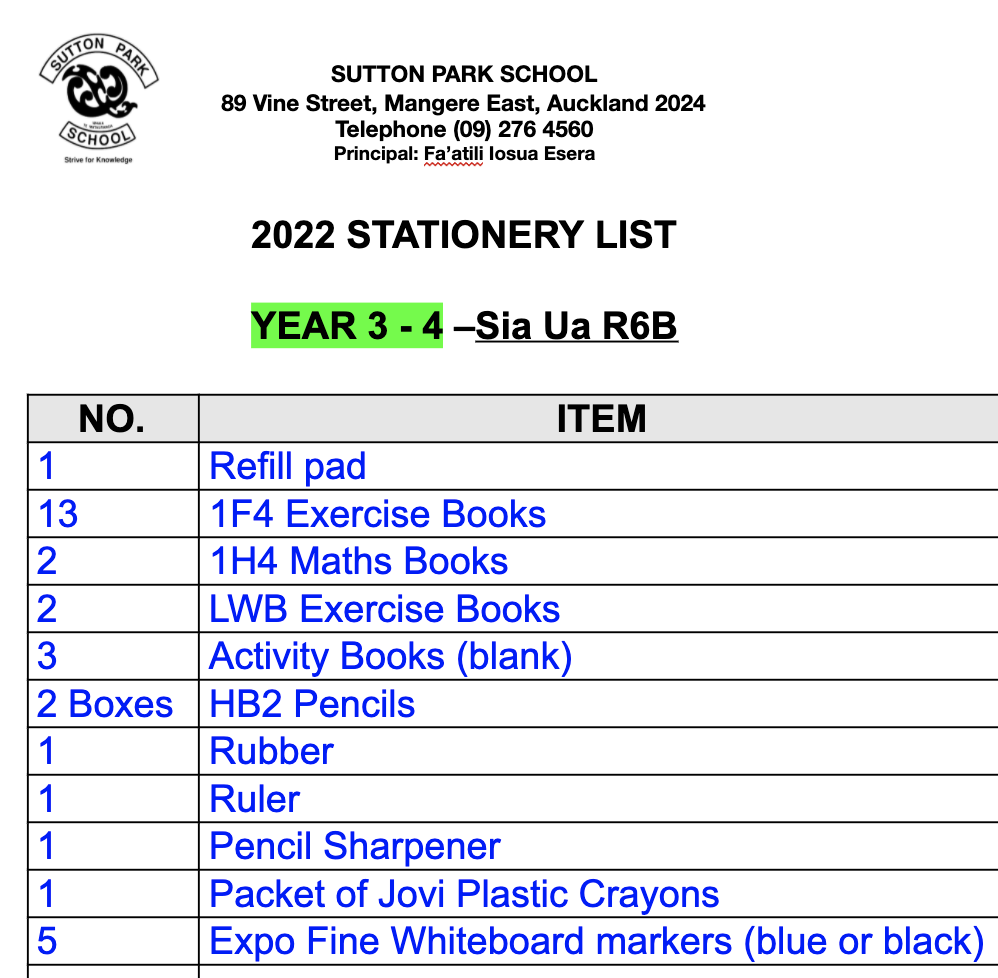 Stationery Lists – Sutton Park School