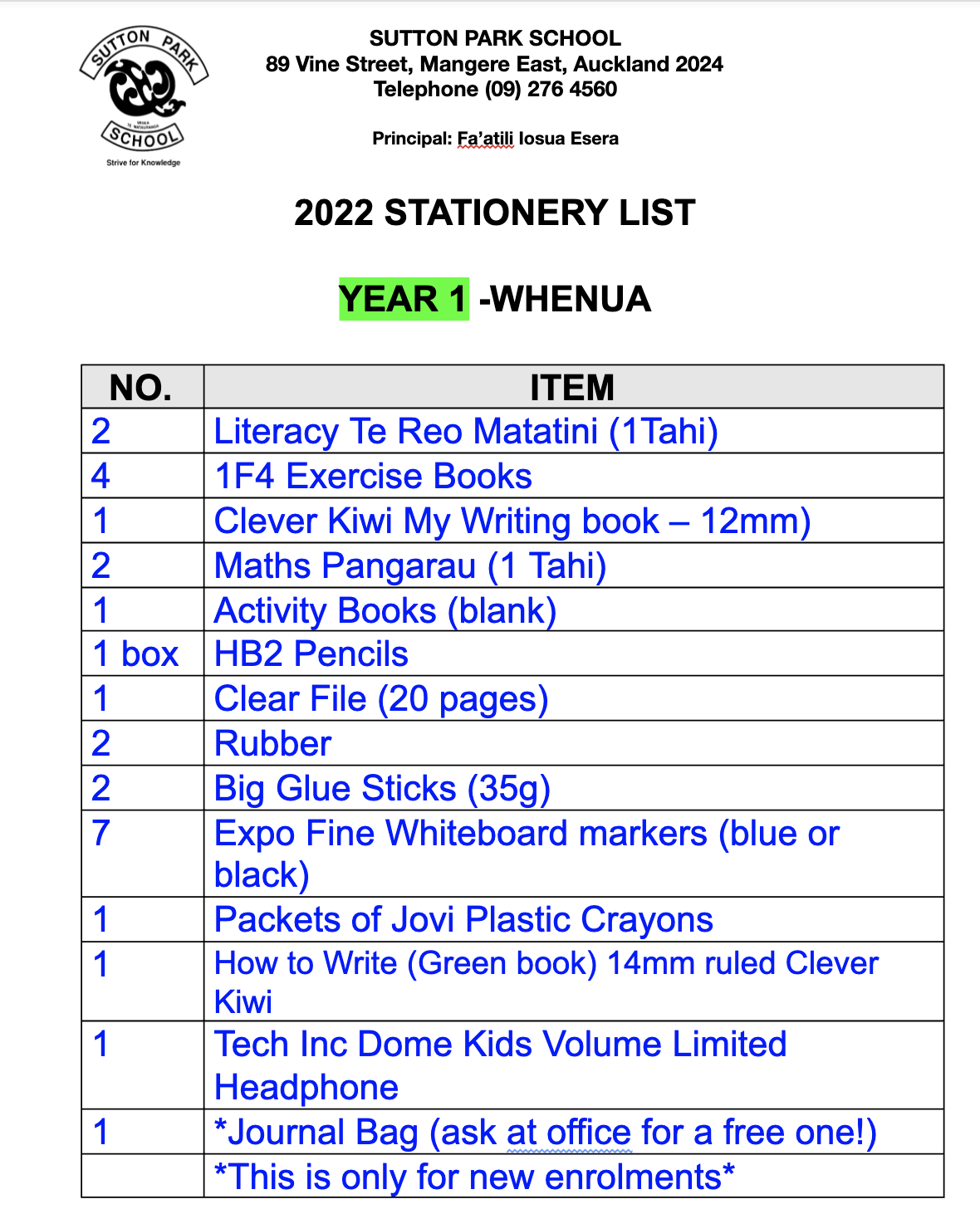 Stationery Lists – Sutton Park School