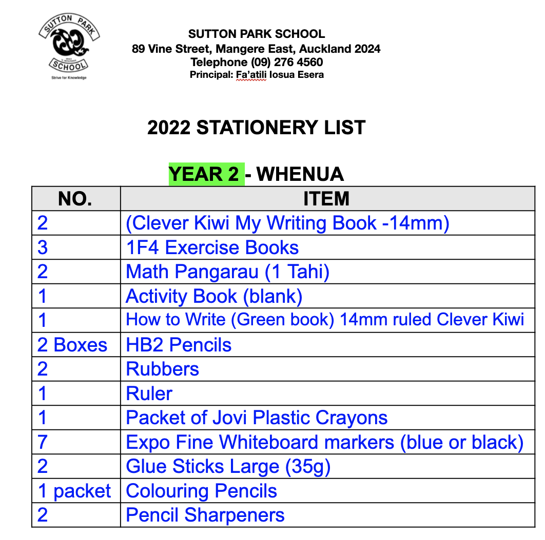 Stationery Lists – Sutton Park School