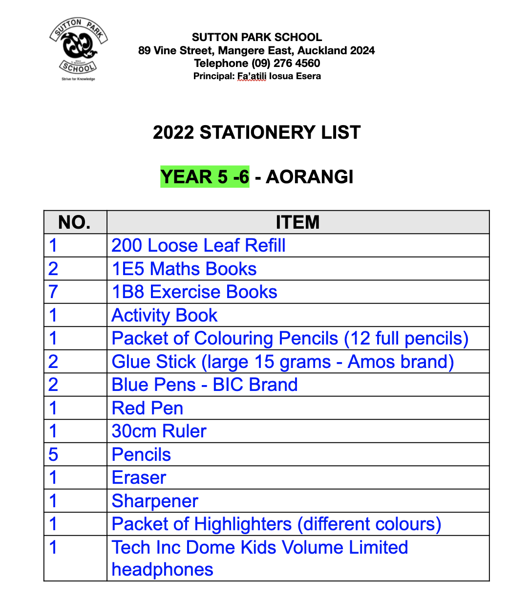 Stationery Lists – Sutton Park School