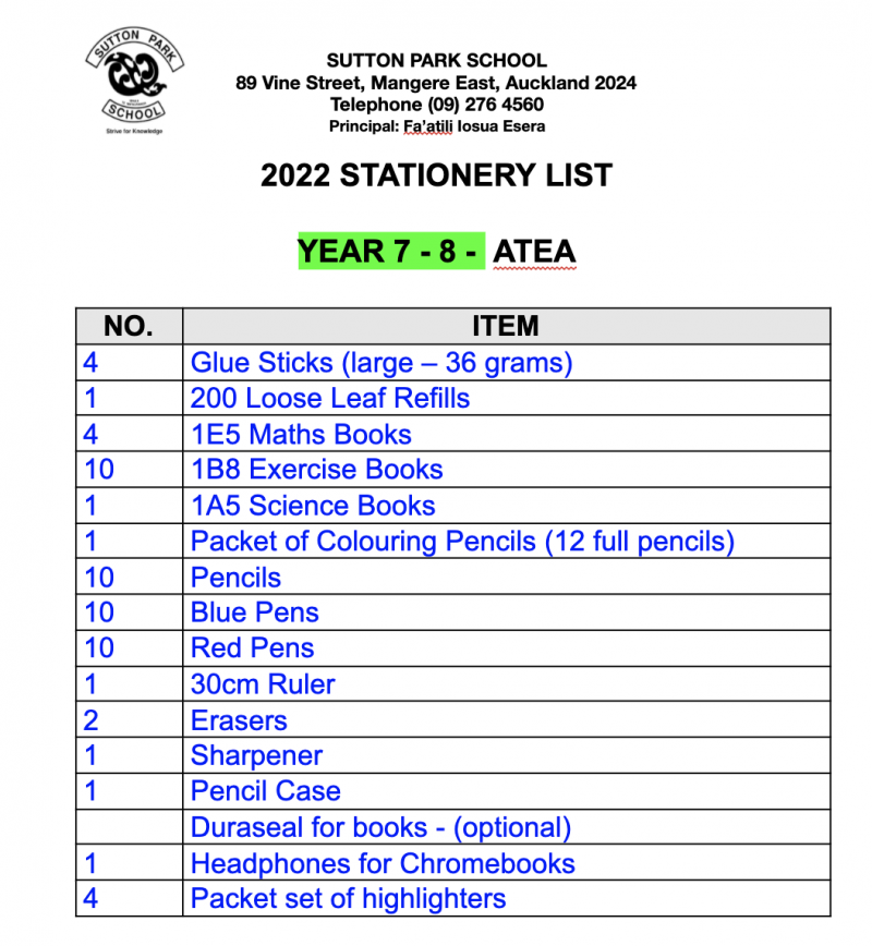 Stationery Lists – Sutton Park School
