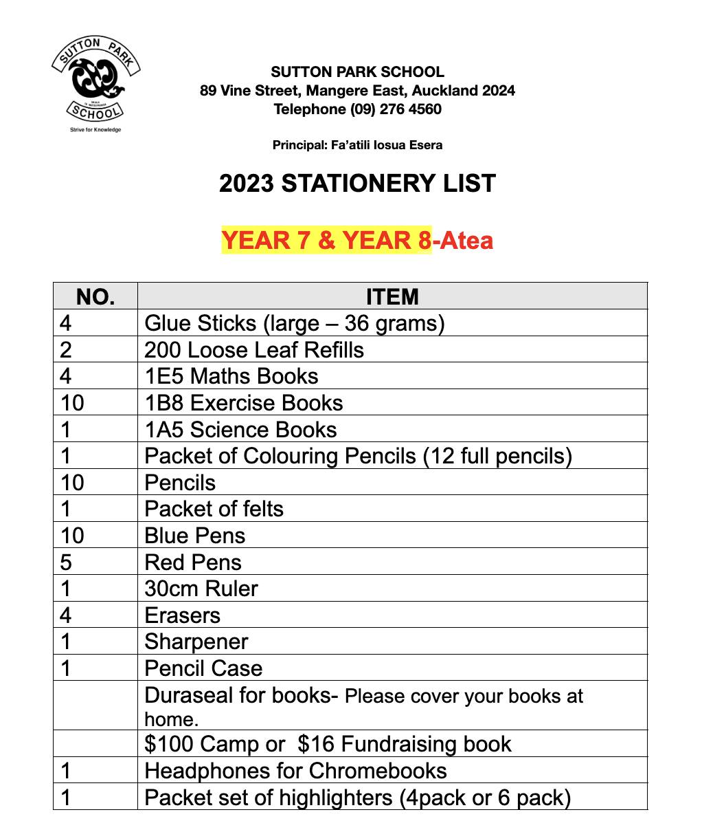 Stationery Lists – Sutton Park School