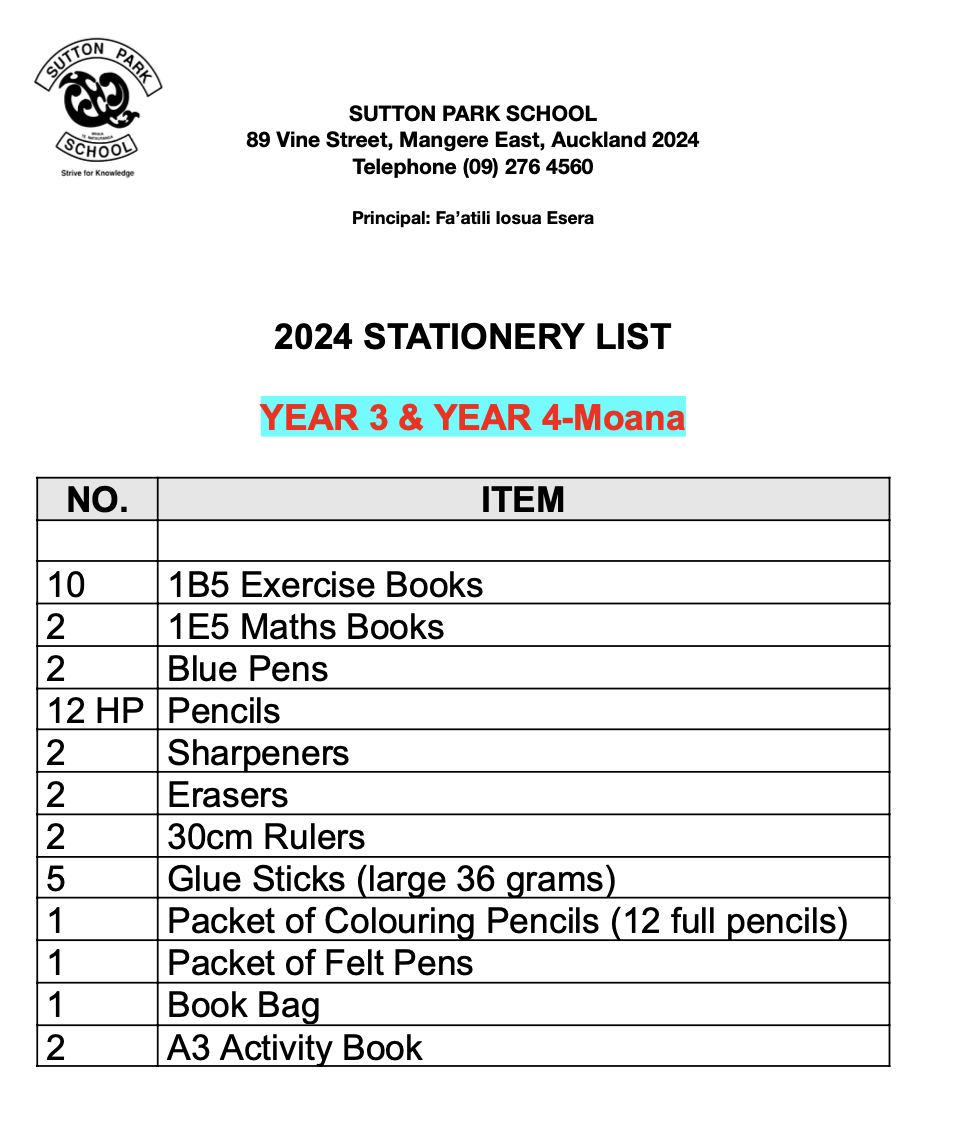 Stationery Lists – Sutton Park School
