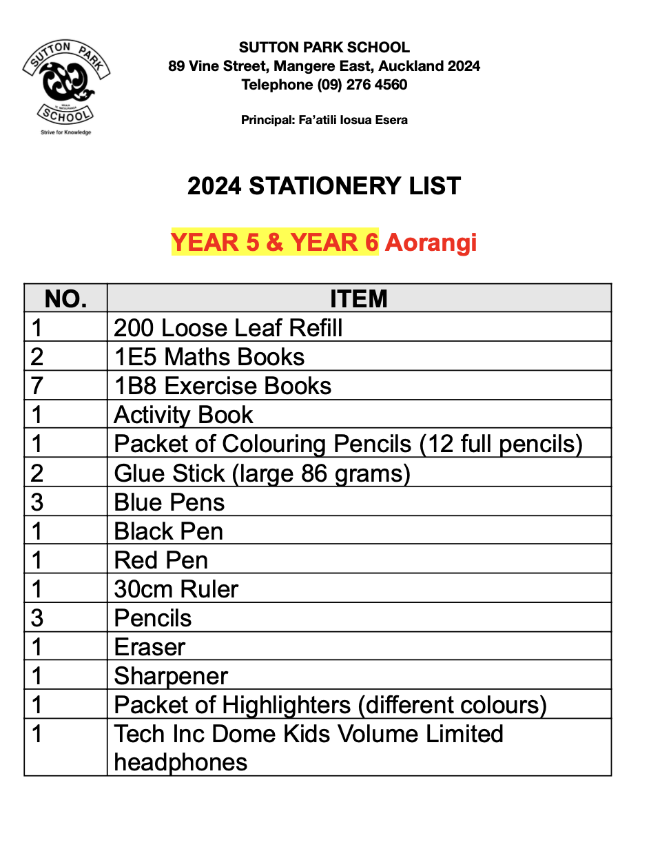 Stationery Lists – Sutton Park School