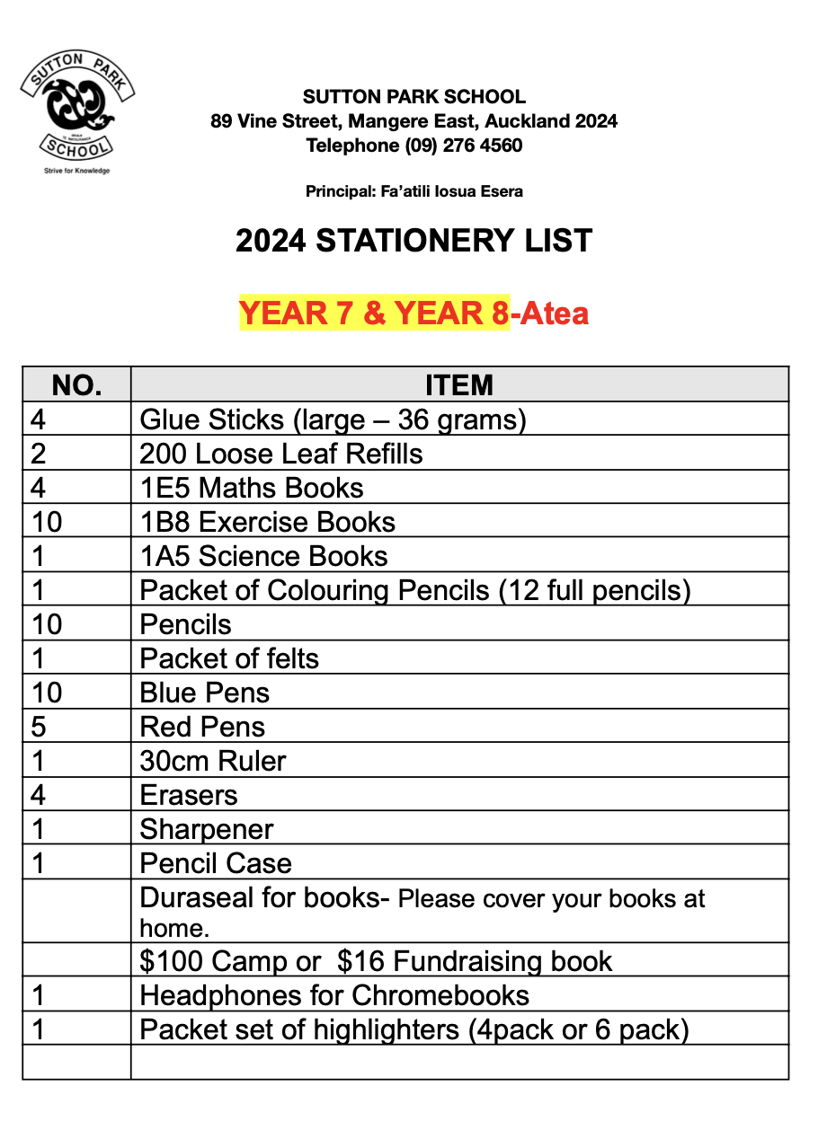 Stationery Lists – Sutton Park School