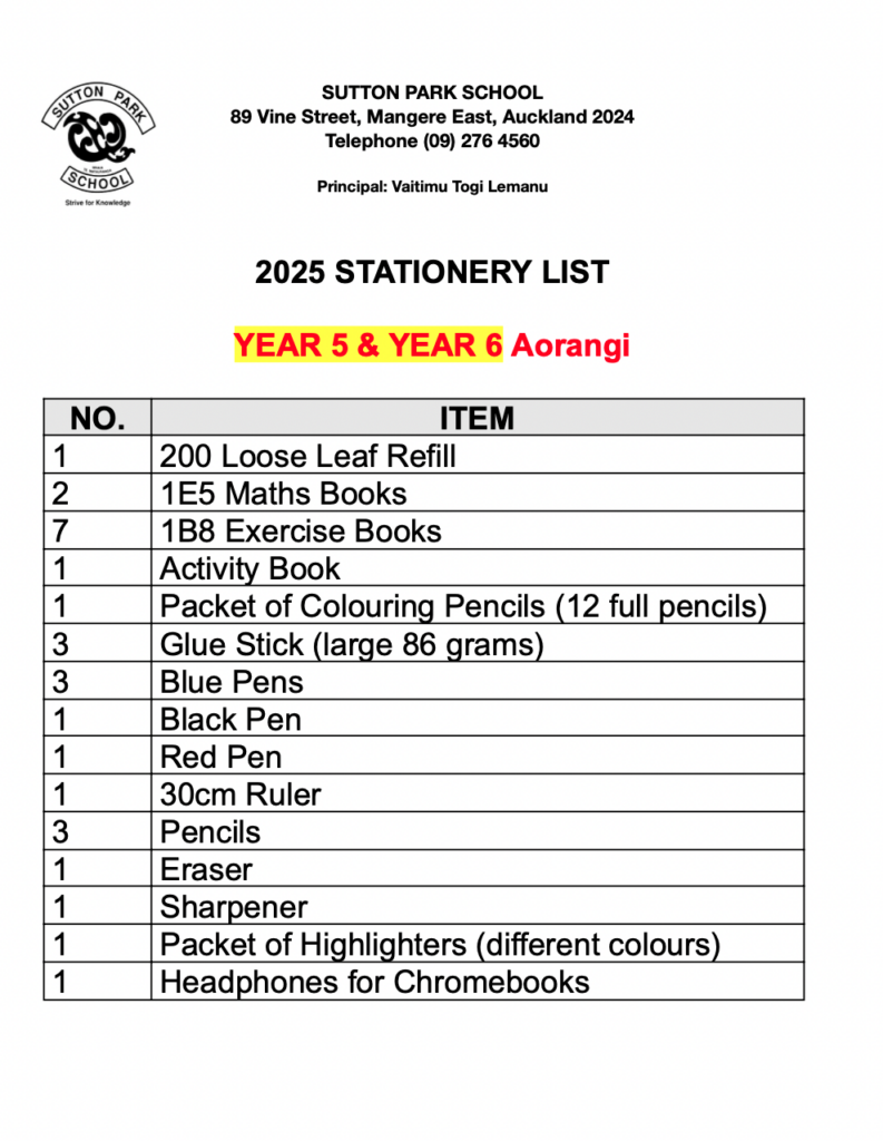 Stationery Lists – Sutton Park School